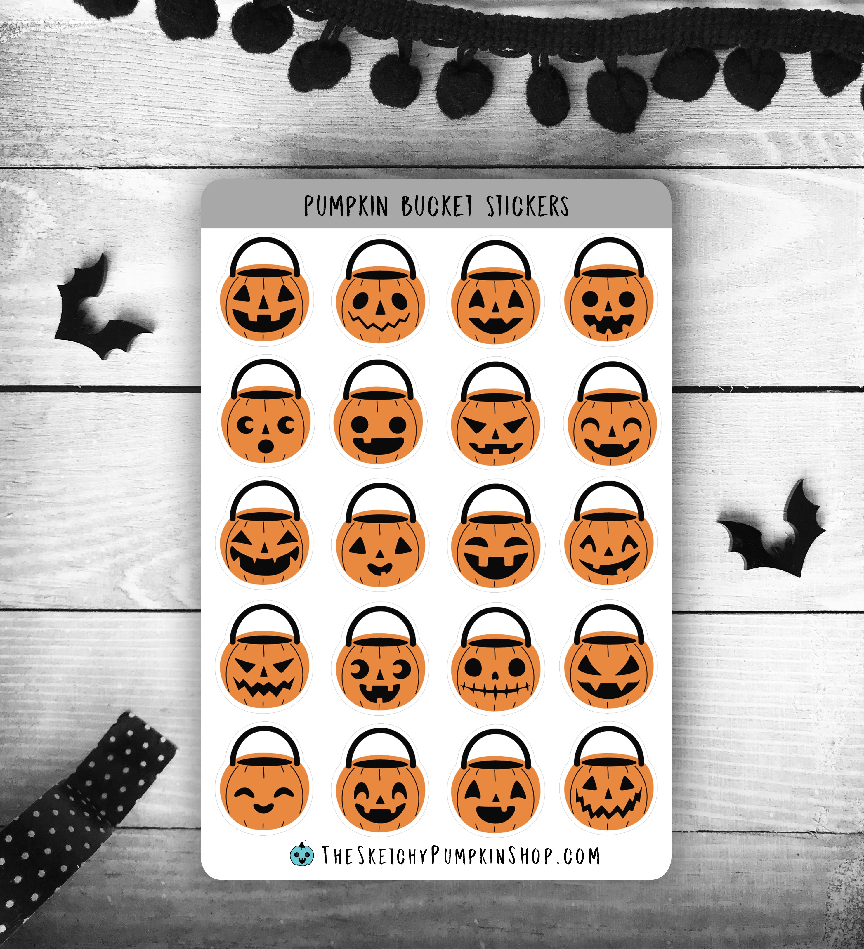 Pumpkin Bucket Stickers, Halloween Pails, Trick or Treat, White Backin ...